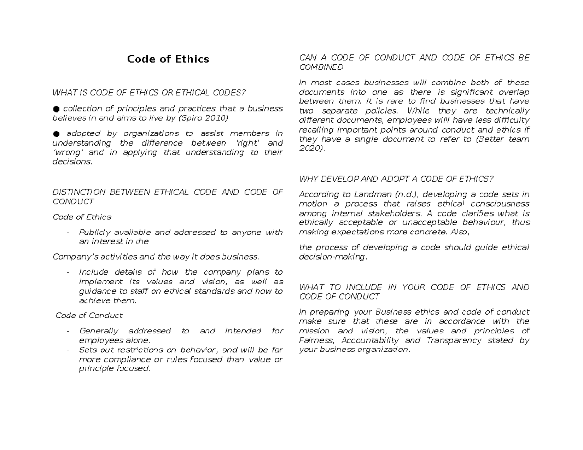 Business Ethics (N/A): Understanding Code of Ethics & Conduct - Studocu