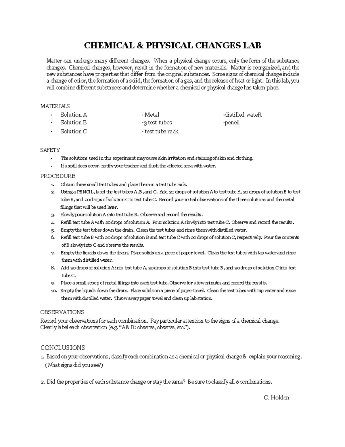 Chemical & Physical Changes Lab - Student Instructions (CHEM101) - Studocu