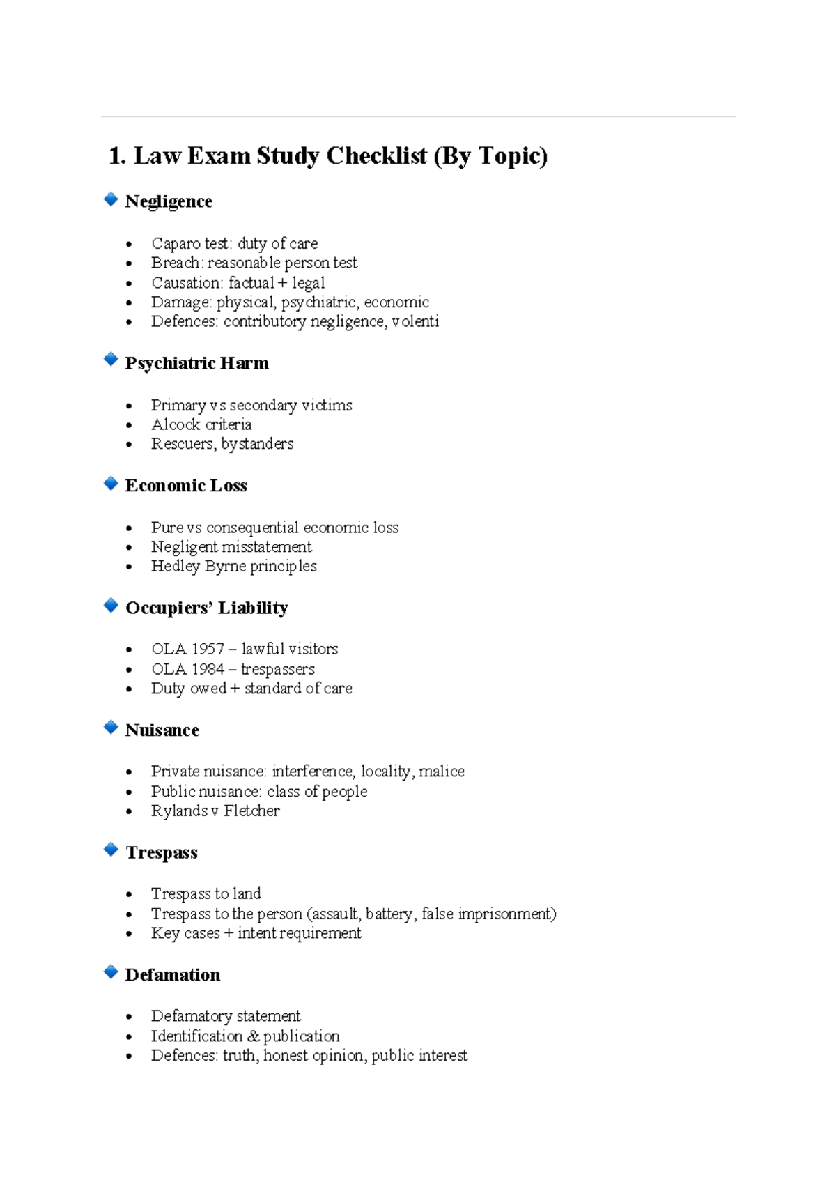 Law Exam Study Checklist: Negligence & Key Concepts - Studocu