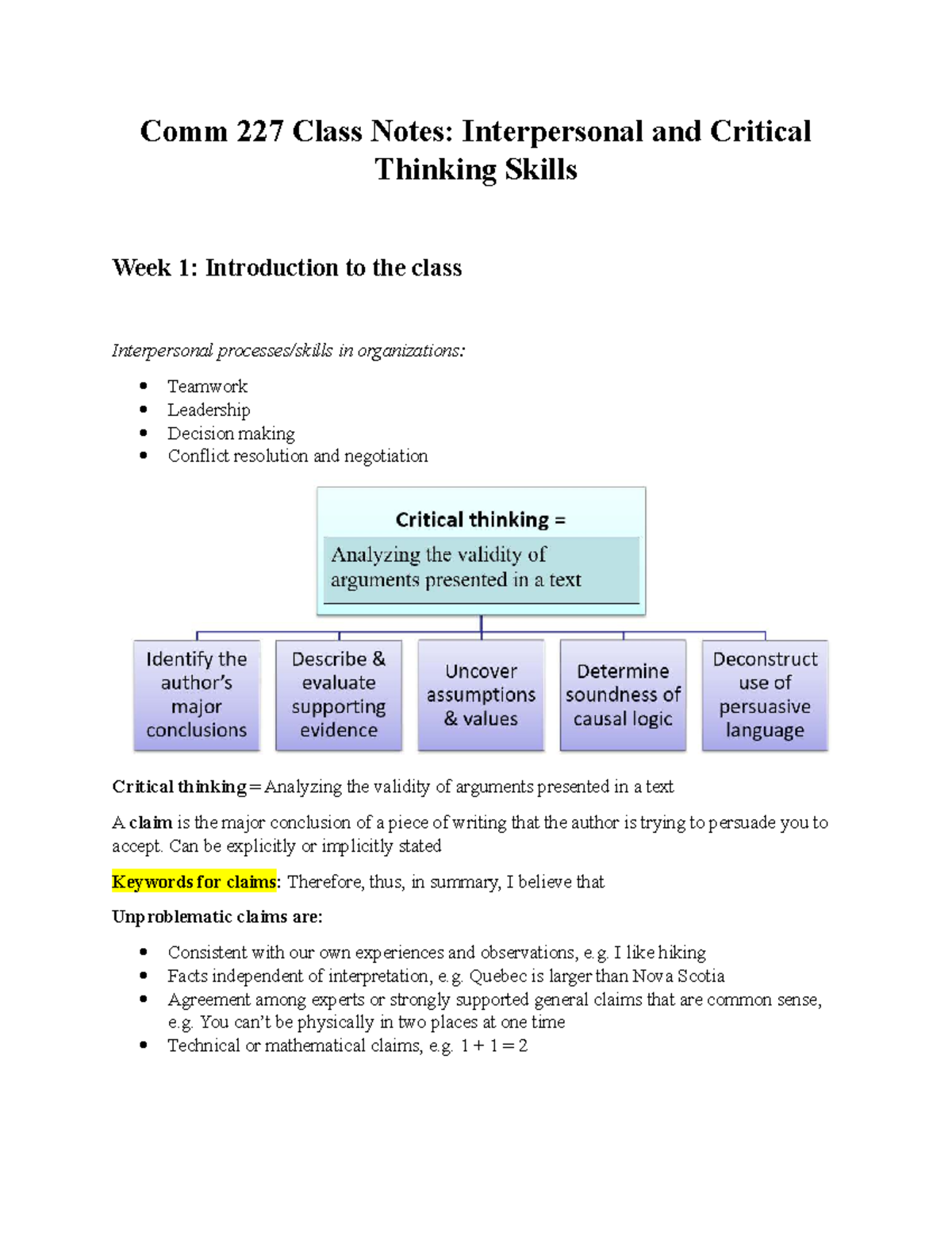Comm 227 Class Notes: Interpersonal Skills & Critical Thinking Overview ...