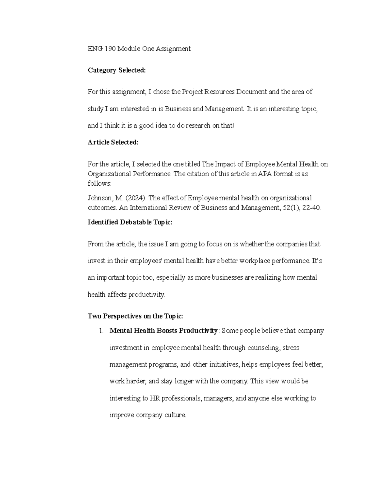 ENG 190 Module One Assignment - ENG 190 Module One Assignment Category ...