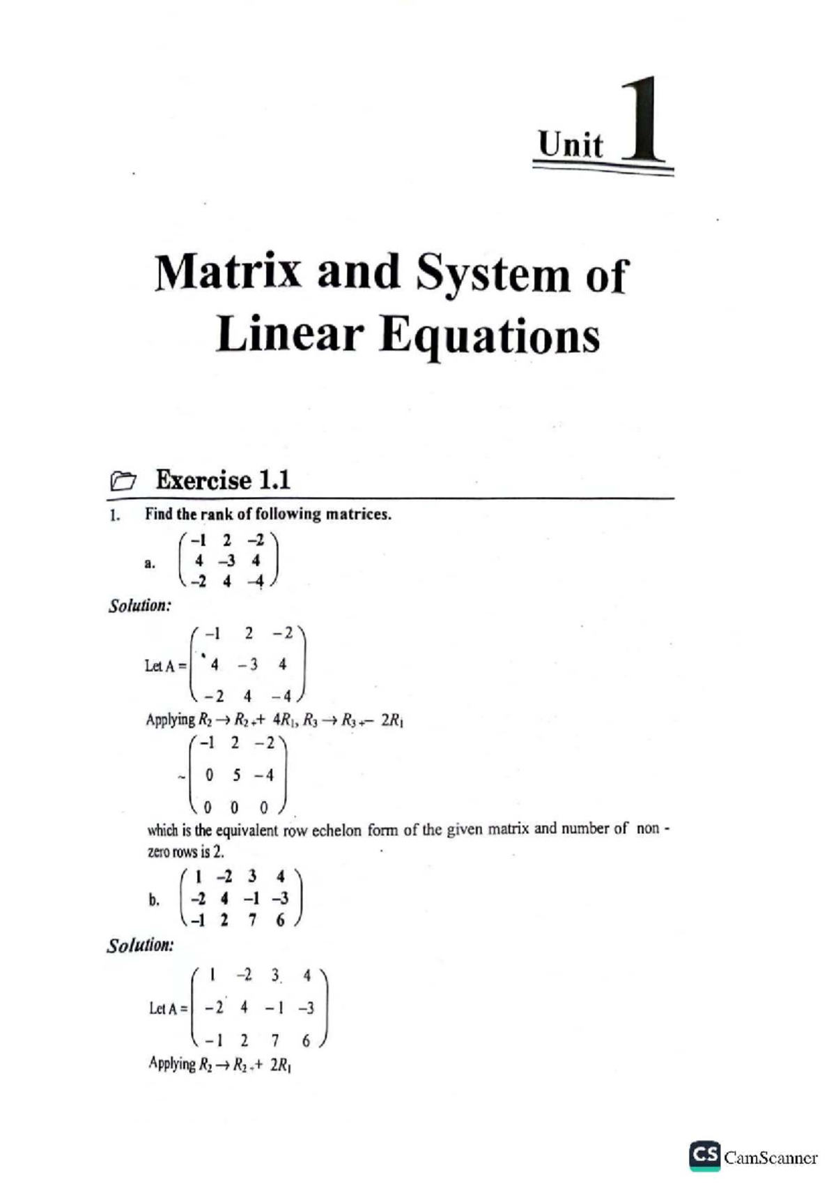 Unit 1: Matrix and System of Linear Equations - Exercise Solutions ...