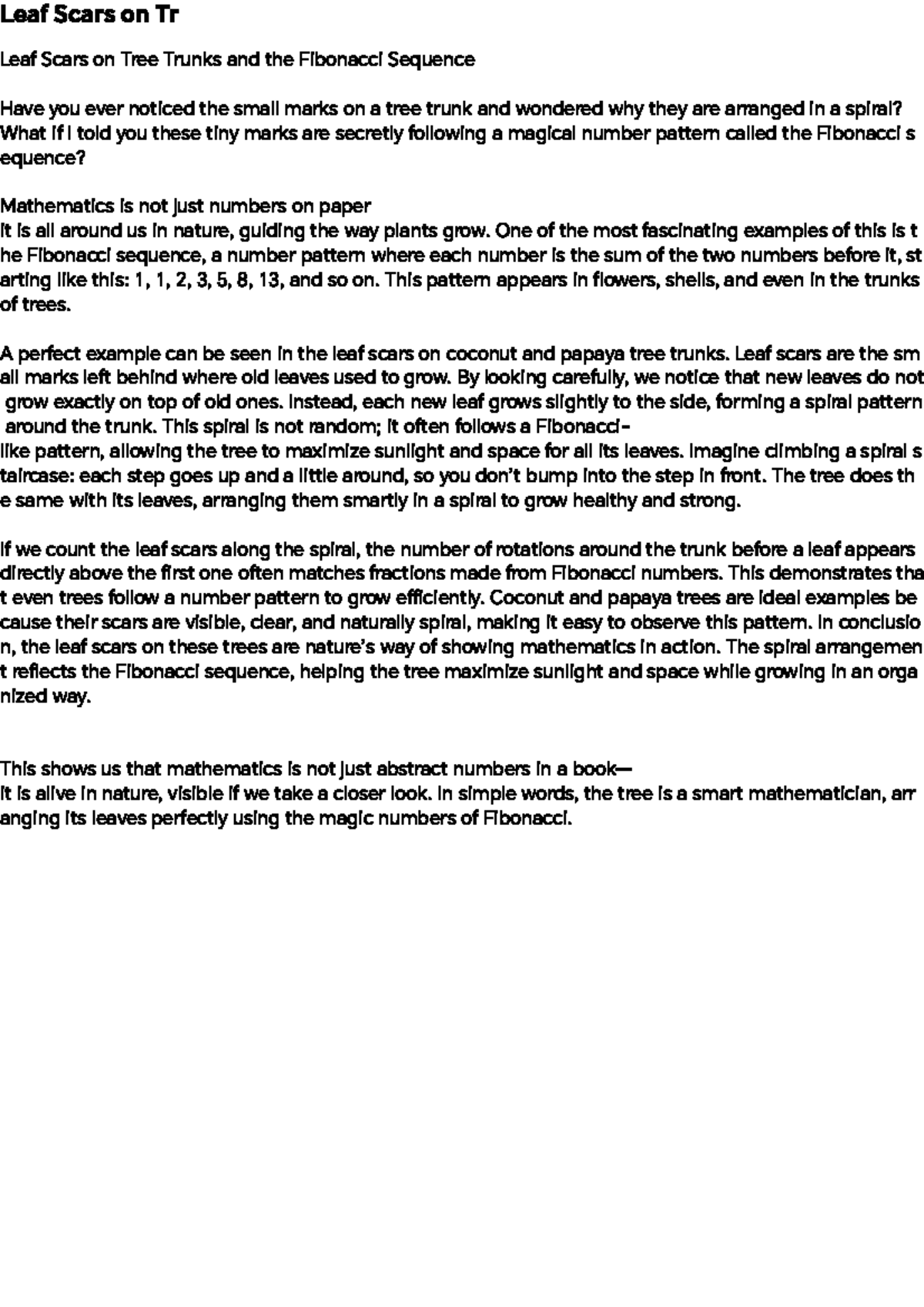 Fibonacci Lecture: Leaf Scars on Tree Trunks and Nature's Math - Studocu