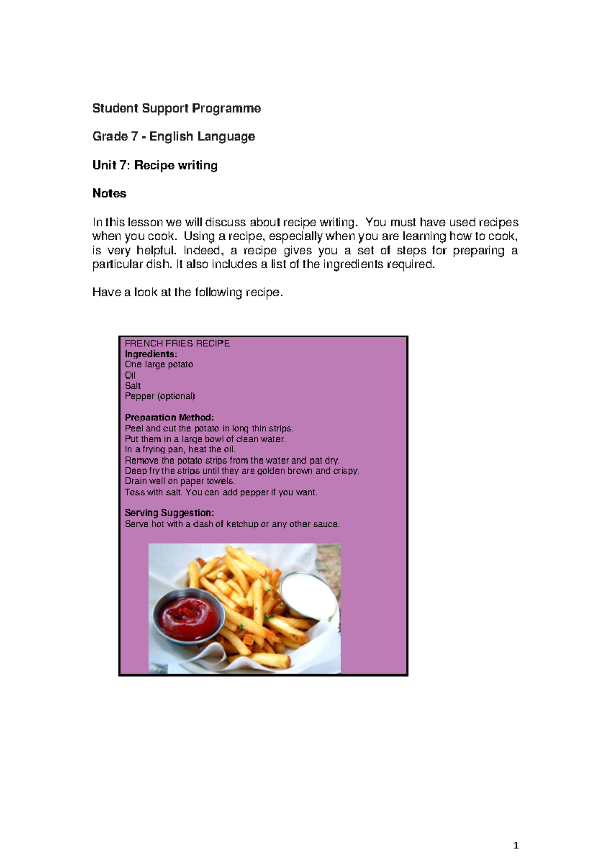 Unit 7: Recipe Writing - Guidelines for Grade 7 English Language - Studocu