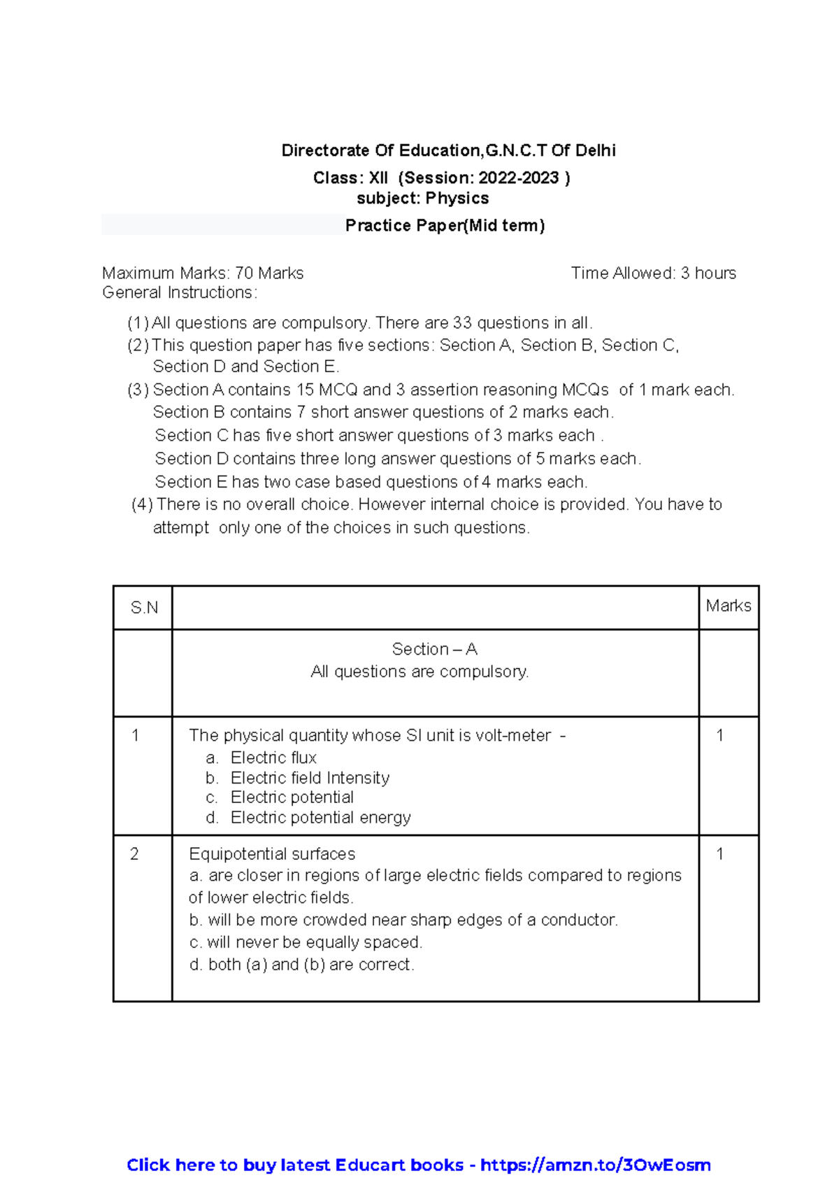 Class 12 Physics Practice Paper 2022-23 - Directorate Of Education,G.N.C Of Delhi Class: XII ...