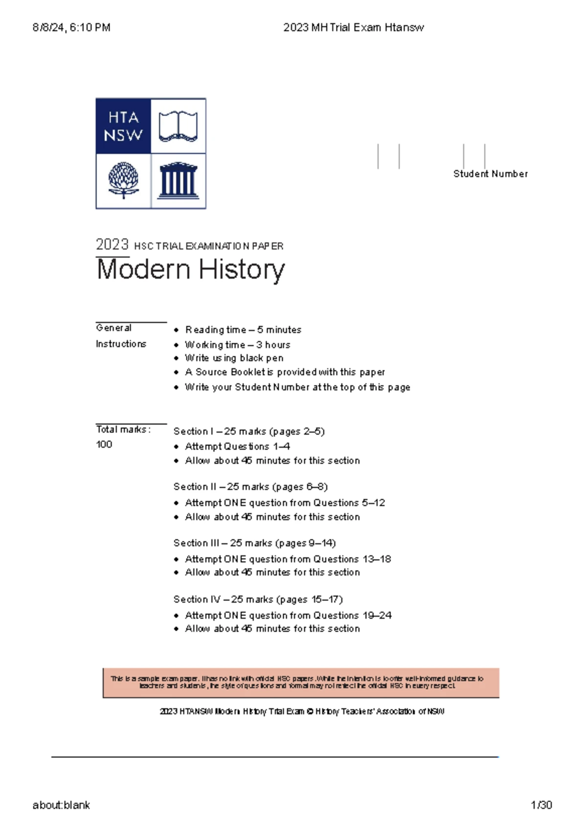 BHHS 2023 HSC Modern History Trial Examination Paper - Studocu