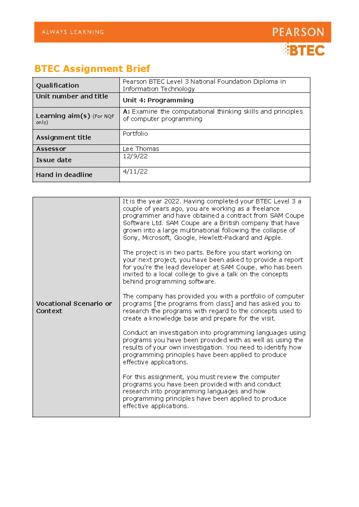 BTEC Level 3 IT Unit 4: Programming Portfolio Assignment 2022 - Studocu