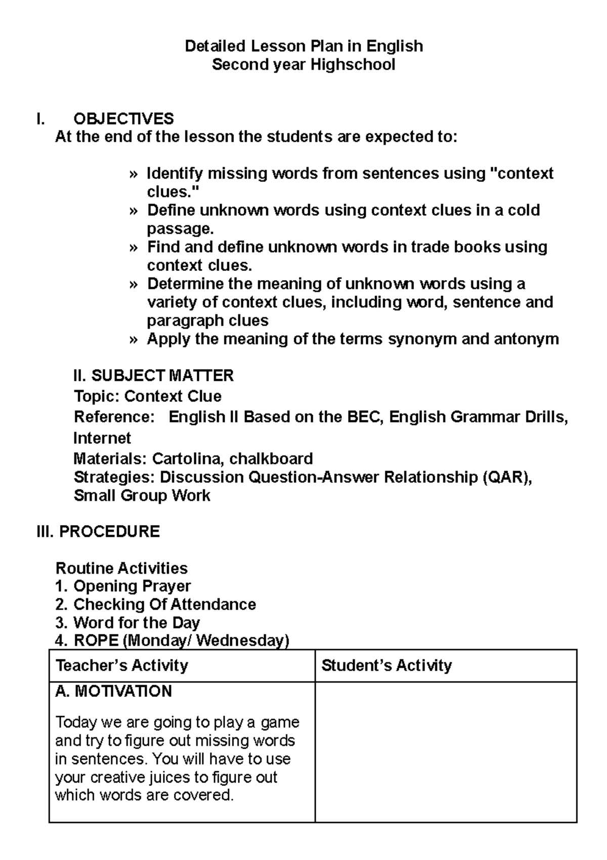 Detailed Lesson Plan in English Second y - Detailed Lesson Plan in ...