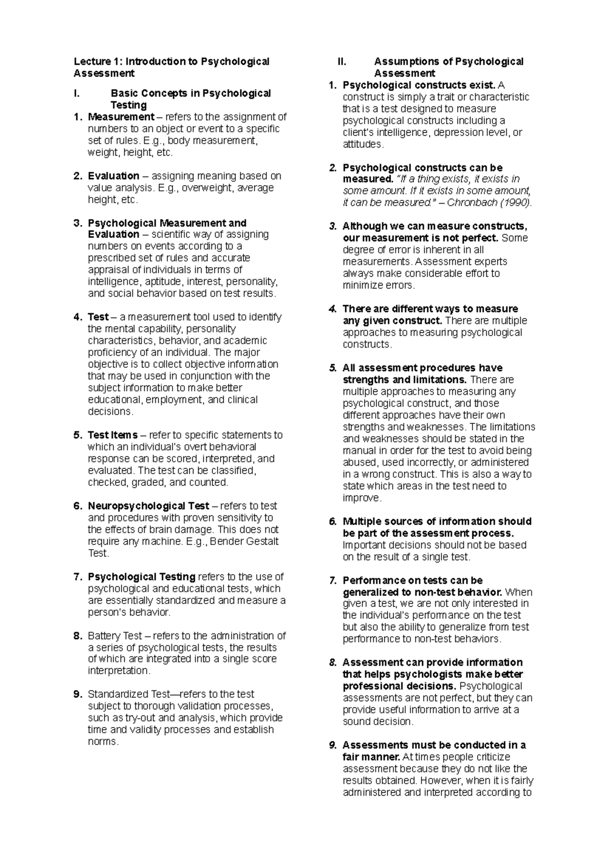 PA 1 - Intro - psychological assessment - Lecture 1: Introduction to ...