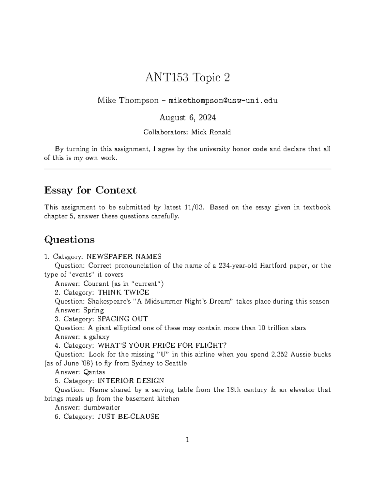 ANT153 Topic 2 - Essay Questions and Answers on Human Biology - Studocu