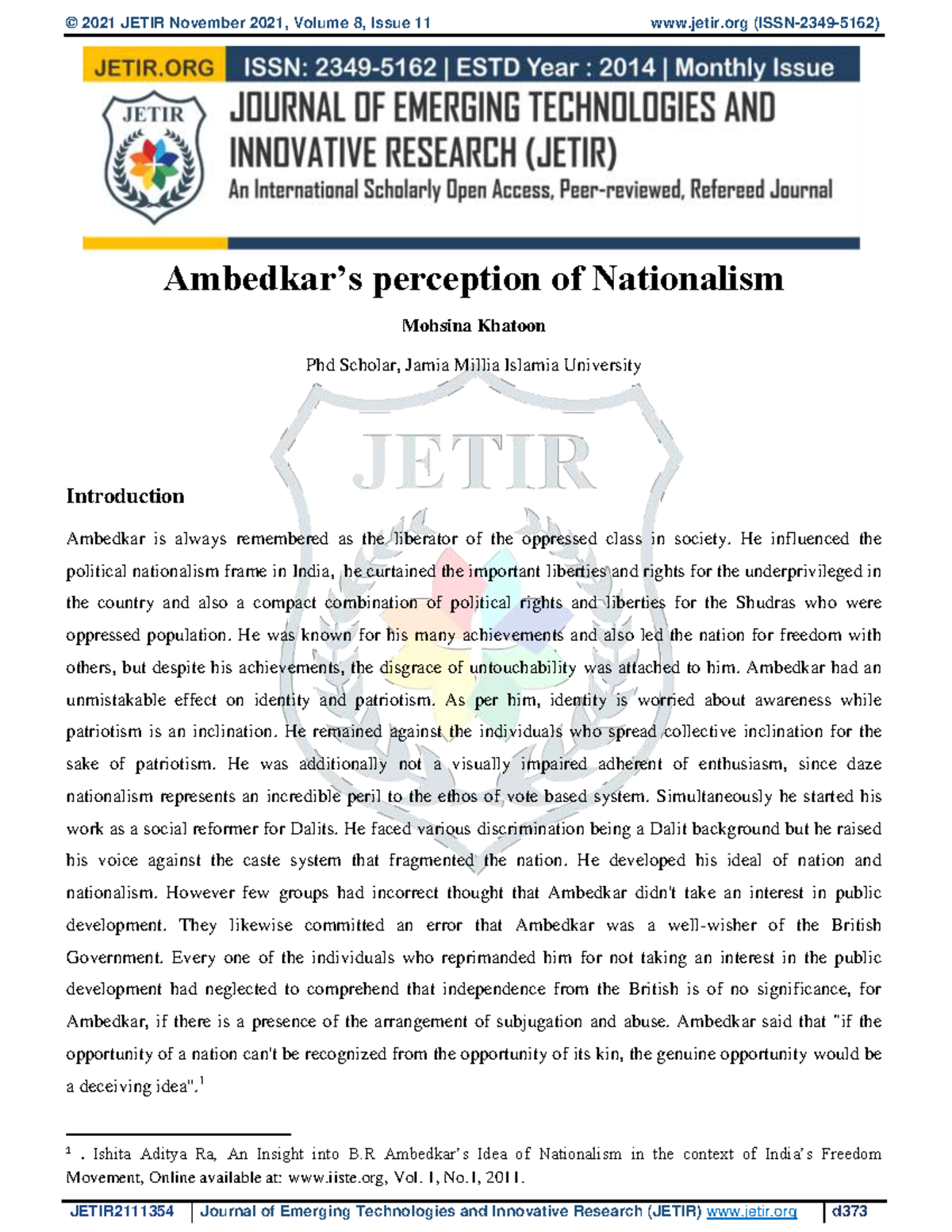 Jetir 2111354 - Notes - Ambedkar’s perception of Nationalism Mohsina ...