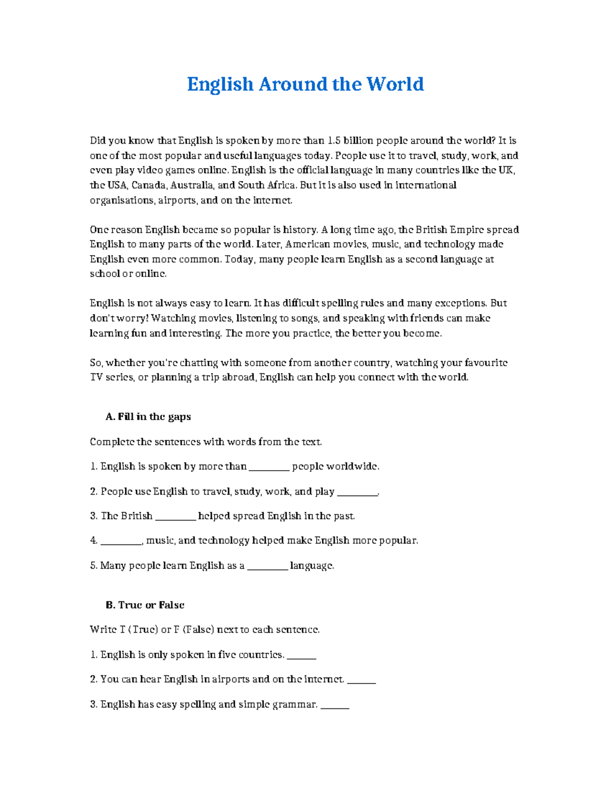English Around the World Worksheet: Fill-in-the-Gaps & True/False ...