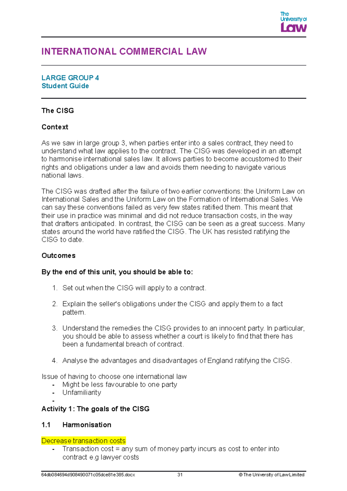 LG4 SG - lg4 soma m a - INTERNATIONAL COMMERCIAL LAW LARGE GROUP 4 Student Guide The CISG ...