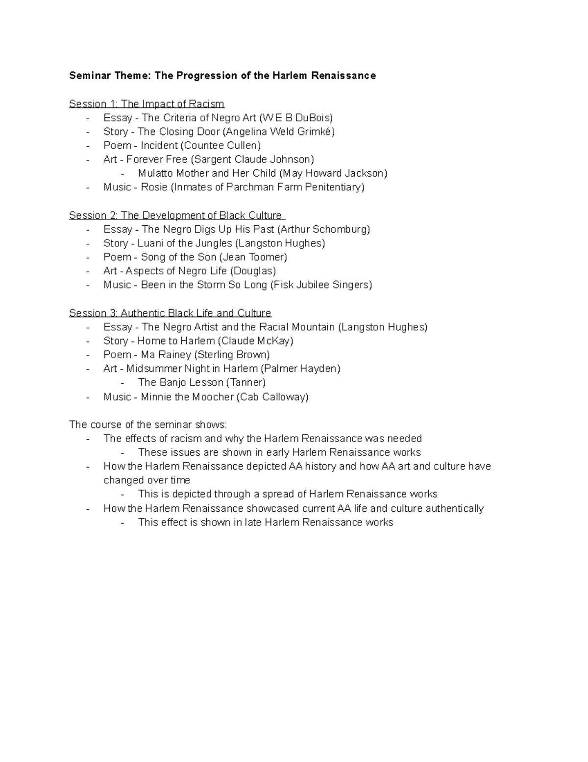 EN377 Seminar Notes: Progression of the Harlem Renaissance - Studocu