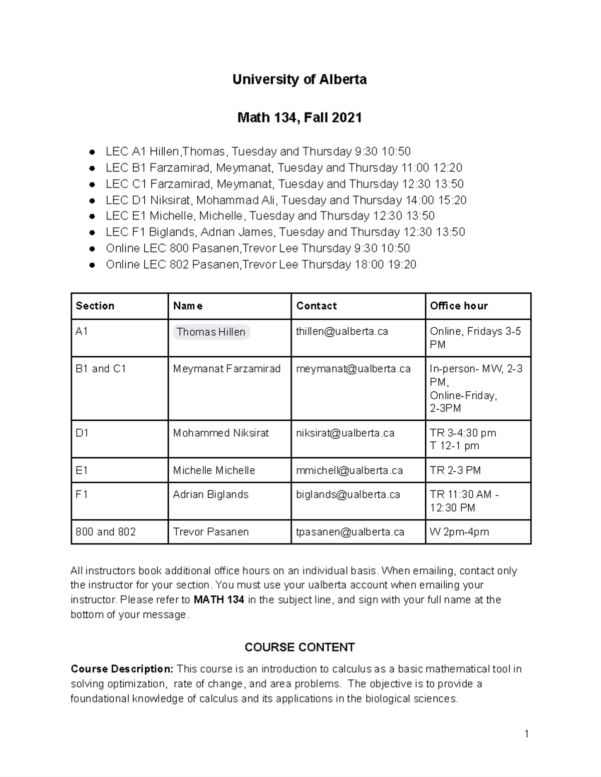 MATH 134 - Fall 2021 Course Syllabus and Schedule - Studocu