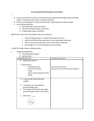 4A's Lesson Plan in PE - Lesson Plan in P (Grade IV) Content Standard ...