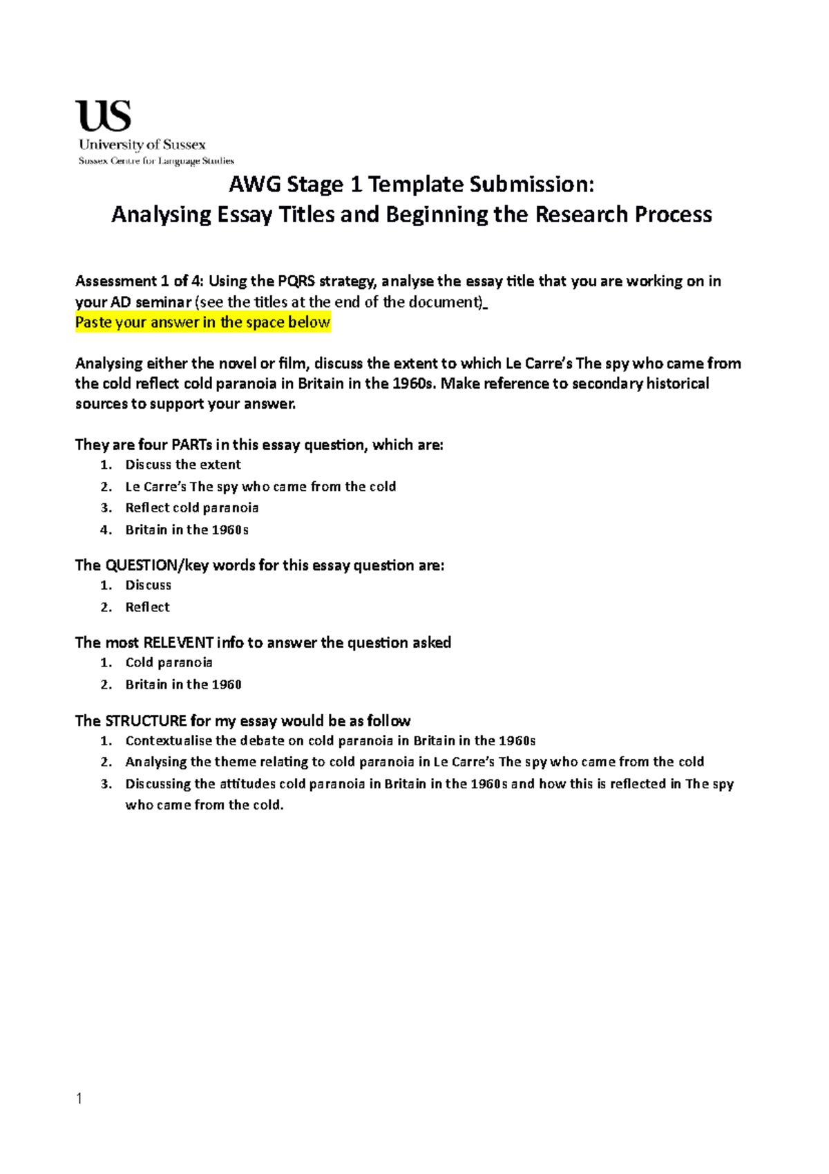 AWG Stage 1 Template Submission: Essay Analysis & Research Process ...