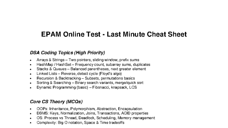 EPAM Online Test Cheat Sheet - EPAM Online Test - Last Minute Cheat ...