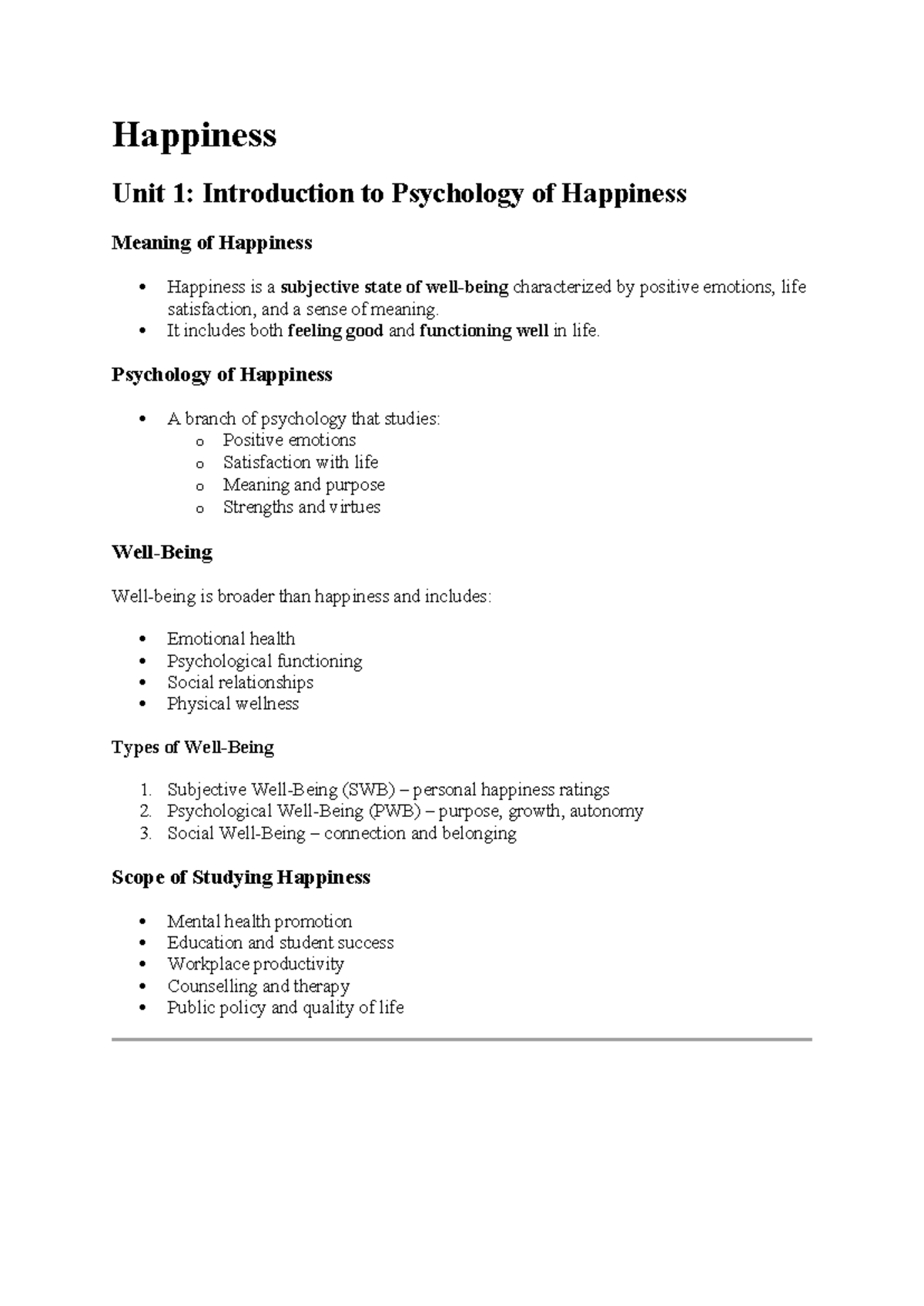 Happiness Unit 1: Intro to Psychology of Happiness Notes - Studocu