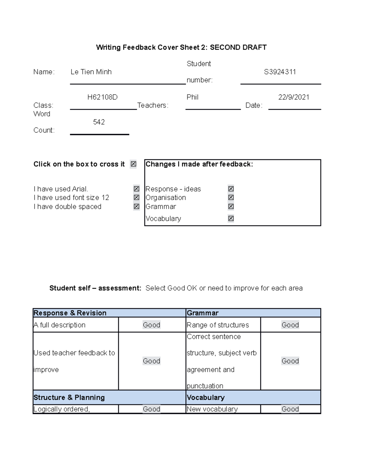 H62108D Writing Feedback Cover Sheet & Portfolio Second Draft - Studocu