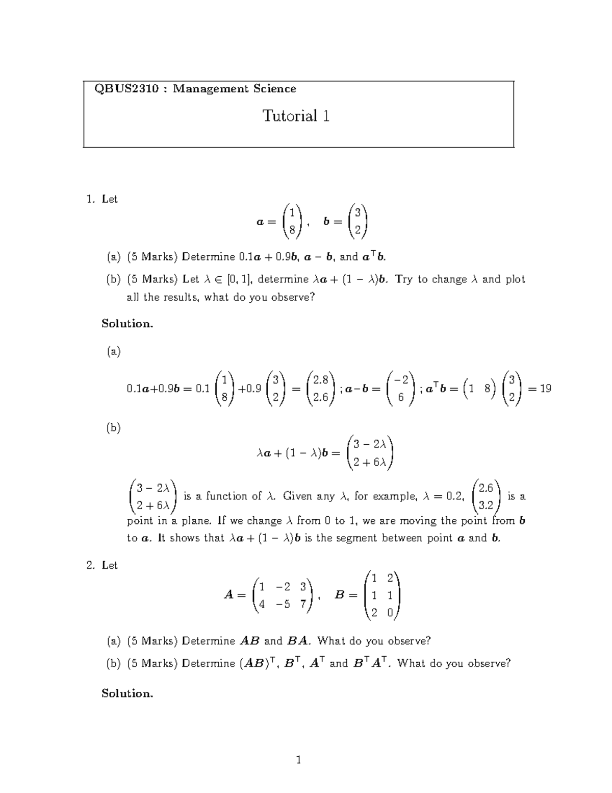 QBUS2310+Tutorial+1+Solution - QBUS2310 : Management Science Tutorial 1 ...