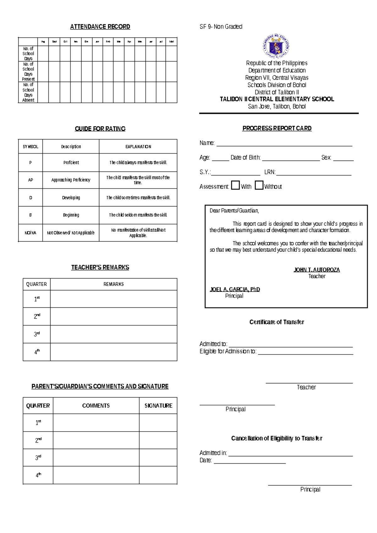 SF 9 Non Graded Report Card: Attendance & Progress Overview - Studocu