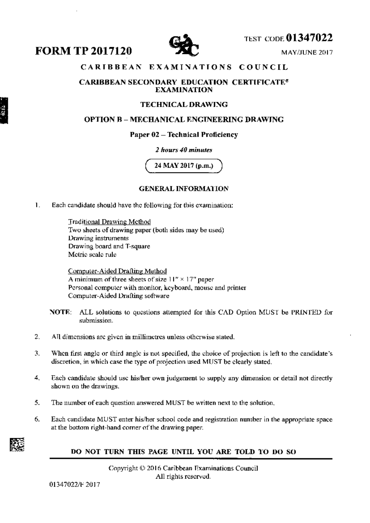 CXC CSEC Technical Drawing 2017 May/June P2 Exam Paper 01347022 - Studocu