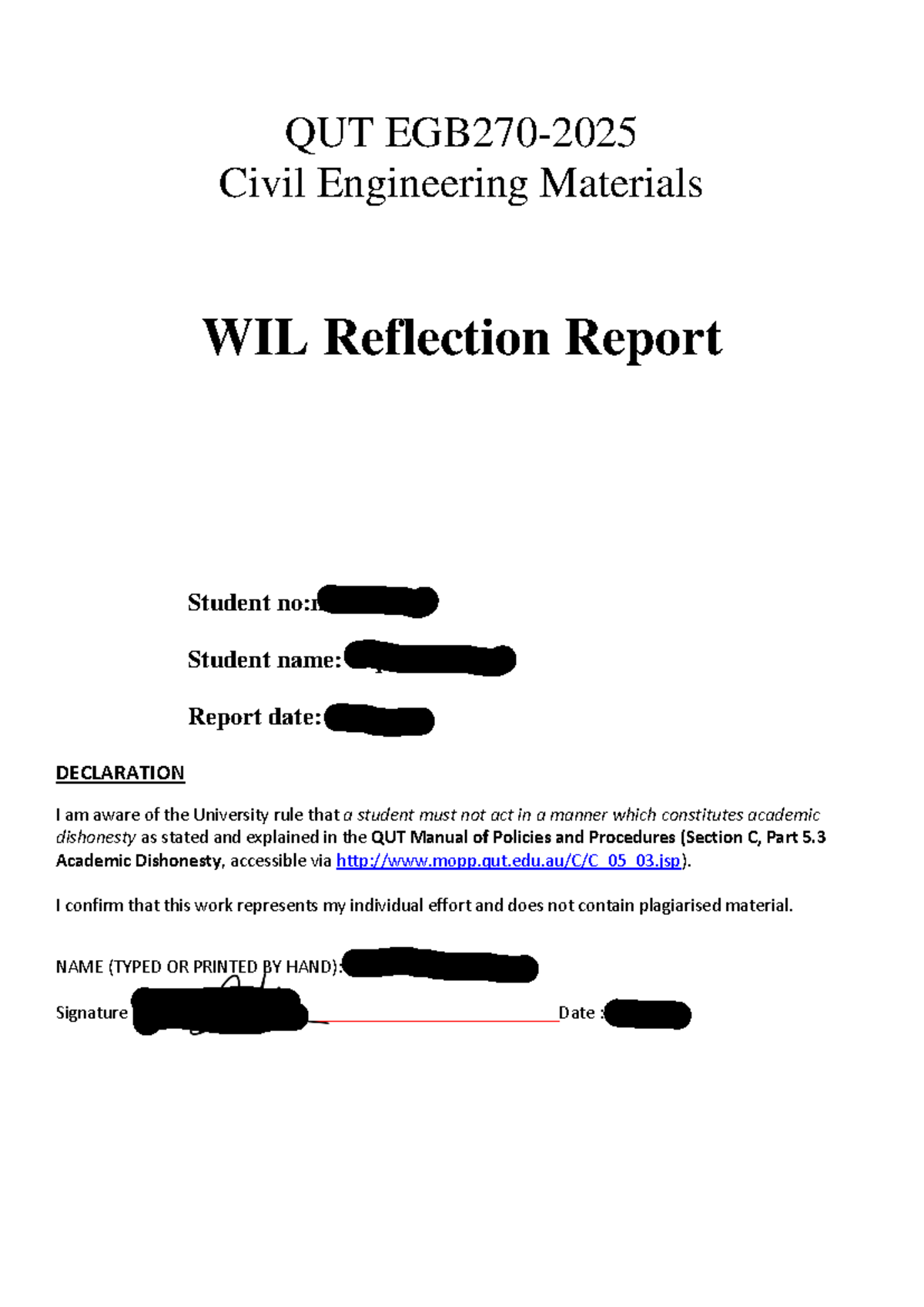 QUT Civil Engineering Materials WIL Reflection Report - Studocu