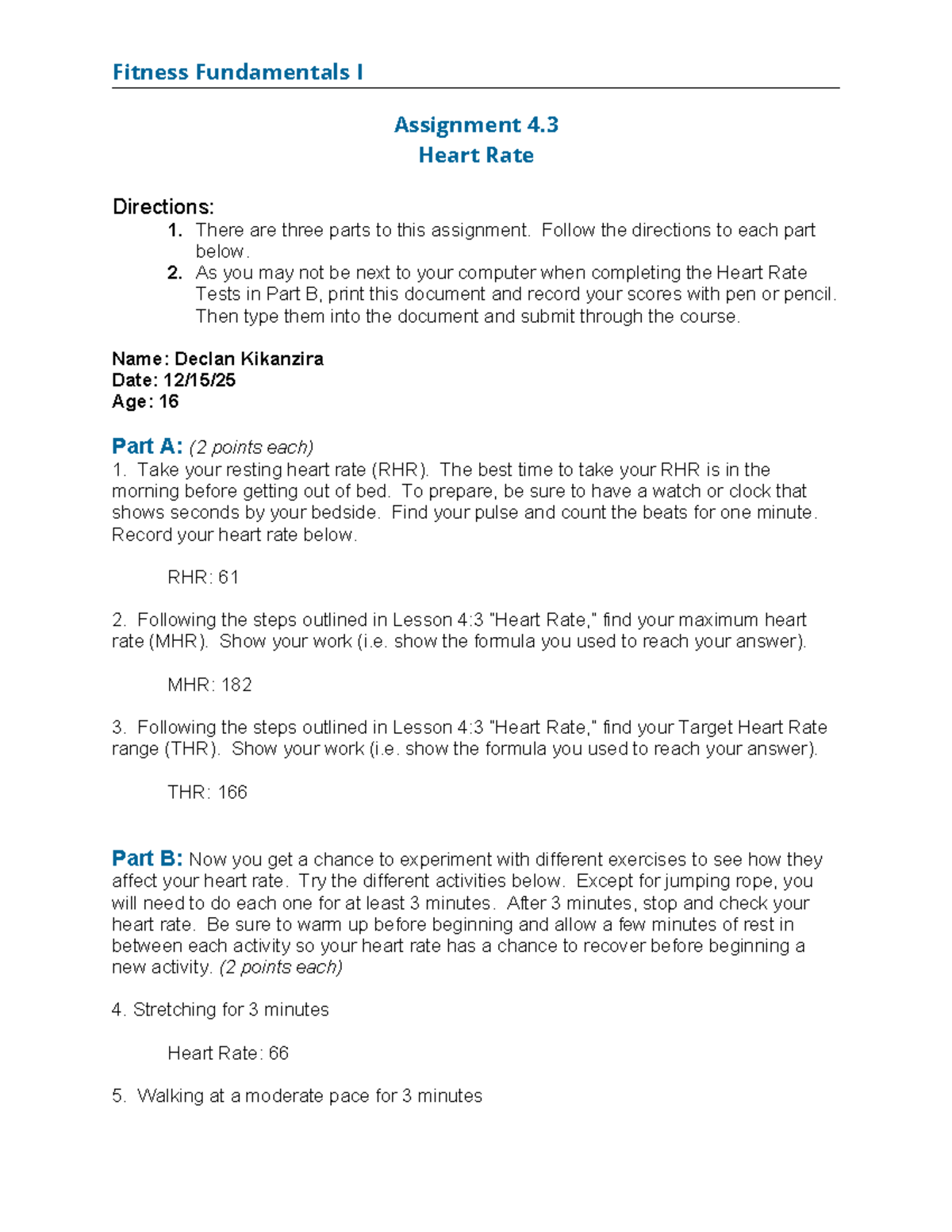 Fitness Fundamentals I Assignment 4.3: Heart Rate Testing Guide - Studocu