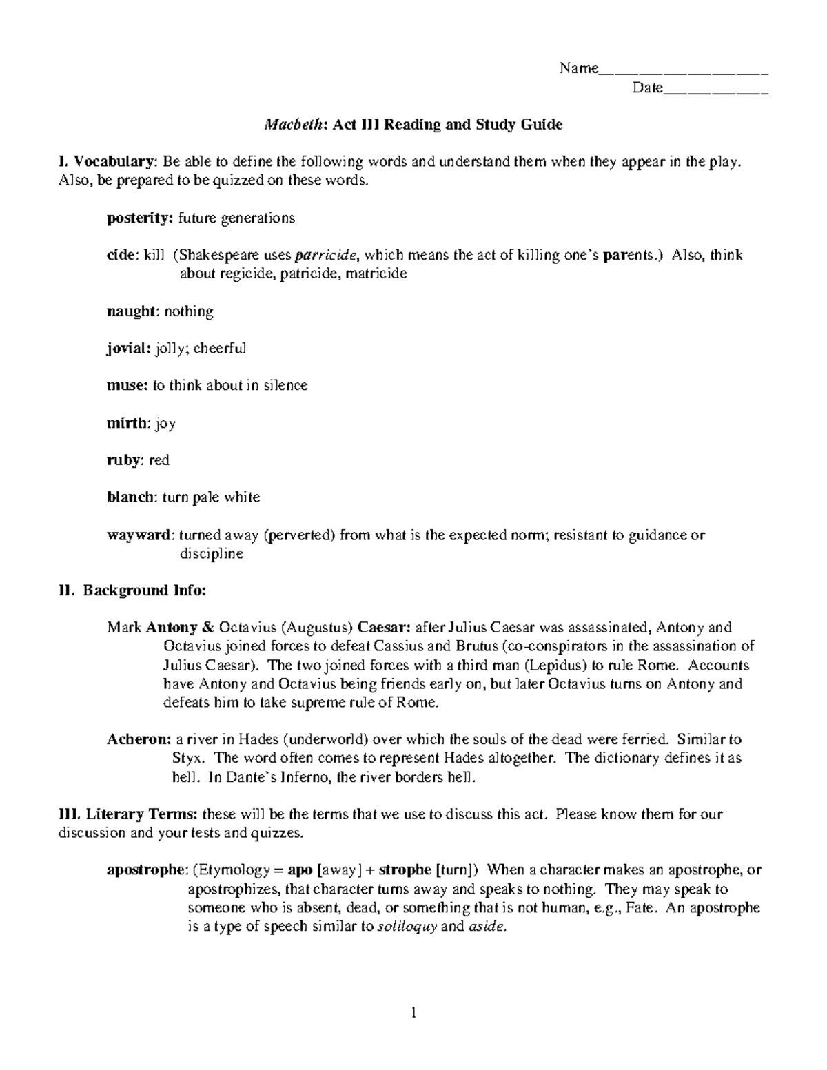 Macbeth (ENG 101): Act 3 Reading & Study Guide with Vocabulary and ...