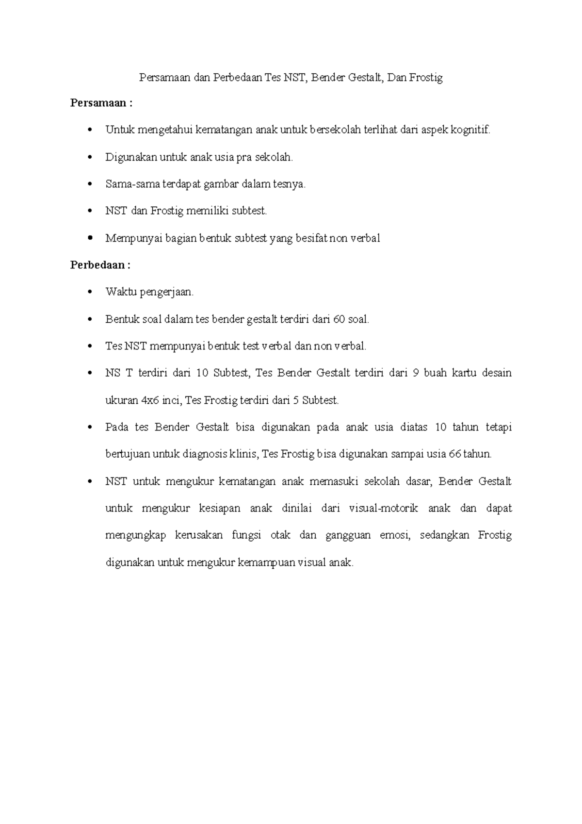 Analisis Perbandingan Tes NST, Bender Gestalt, dan Frostig - Studocu
