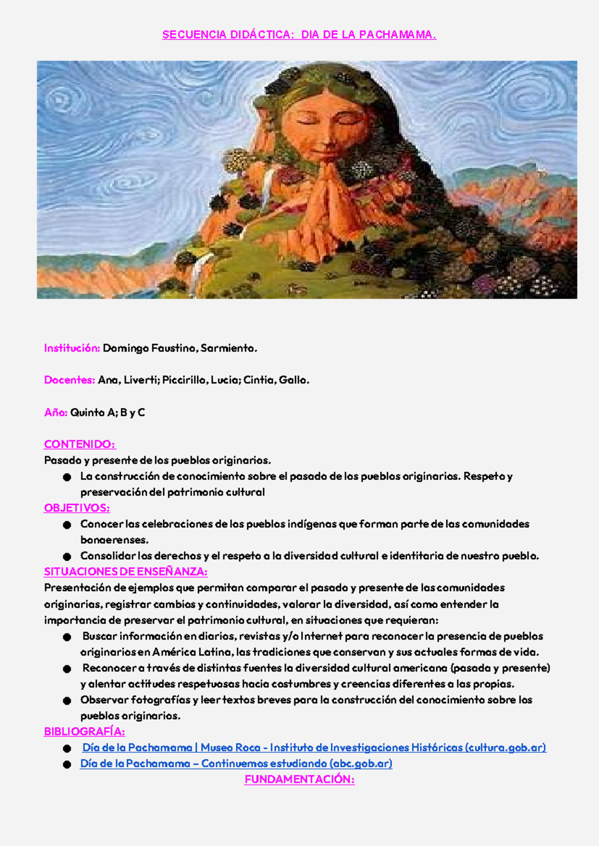 Secuencia Didáctica: Celebración del Día de la Pachamama en 5to A, B y ...