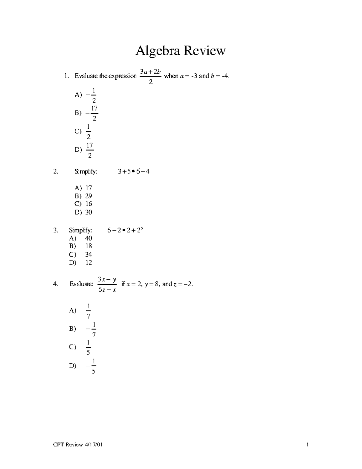 Algebra 1 Review for 4th Nine Weeks: Practice Problems and Solutions ...