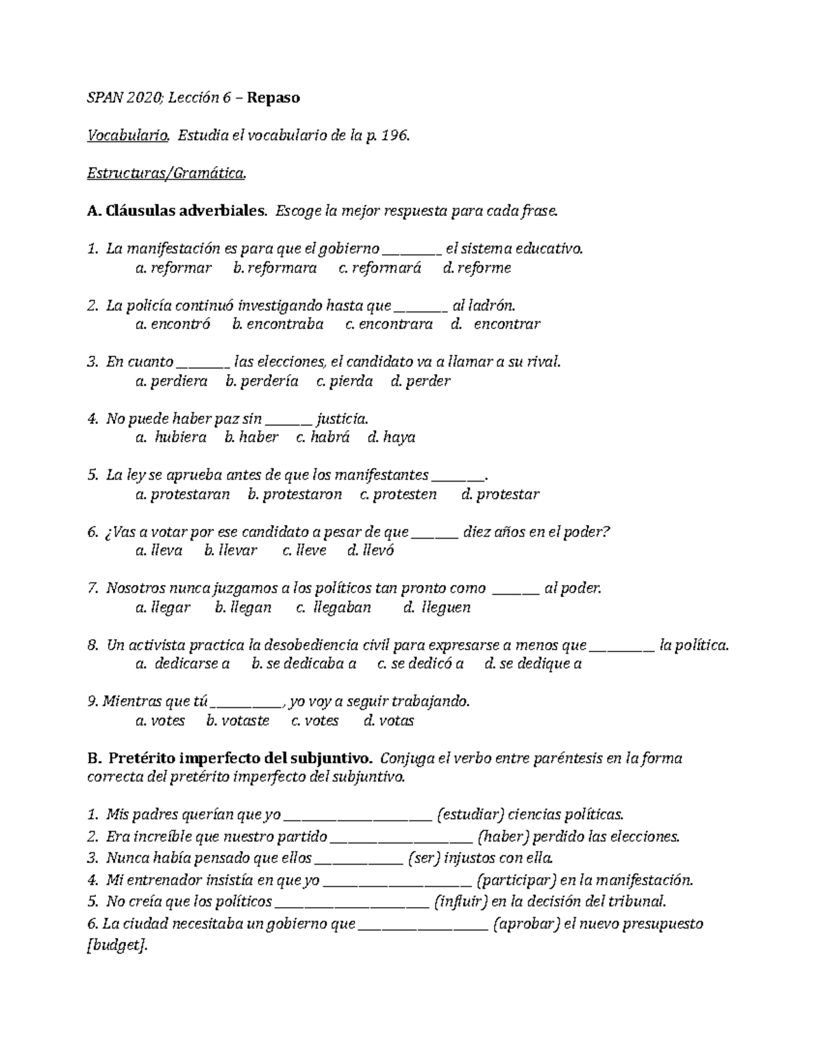 Lección 6 repaso con respuestas - SPAN Lección 6 Repaso Vocabulario ...