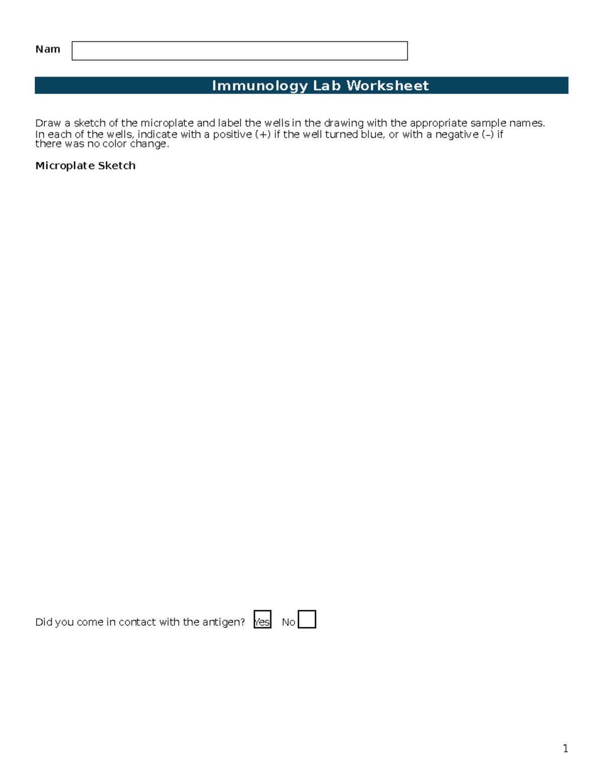 Immunology Wrksht - Immunology Lab Worksheet Draw a sketch of the ...