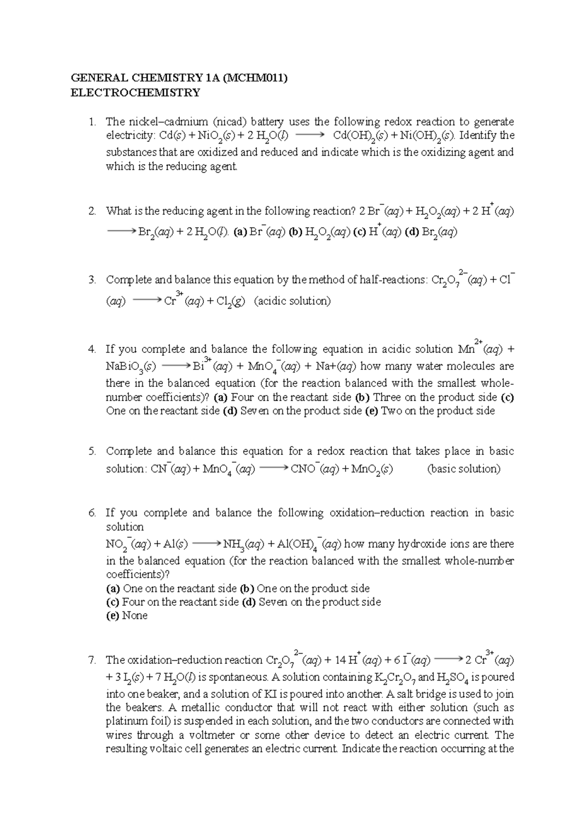 GENERAL CHEMISTRY 1A (MCHM011) Electrochemistry Tutorial Notes - Studocu