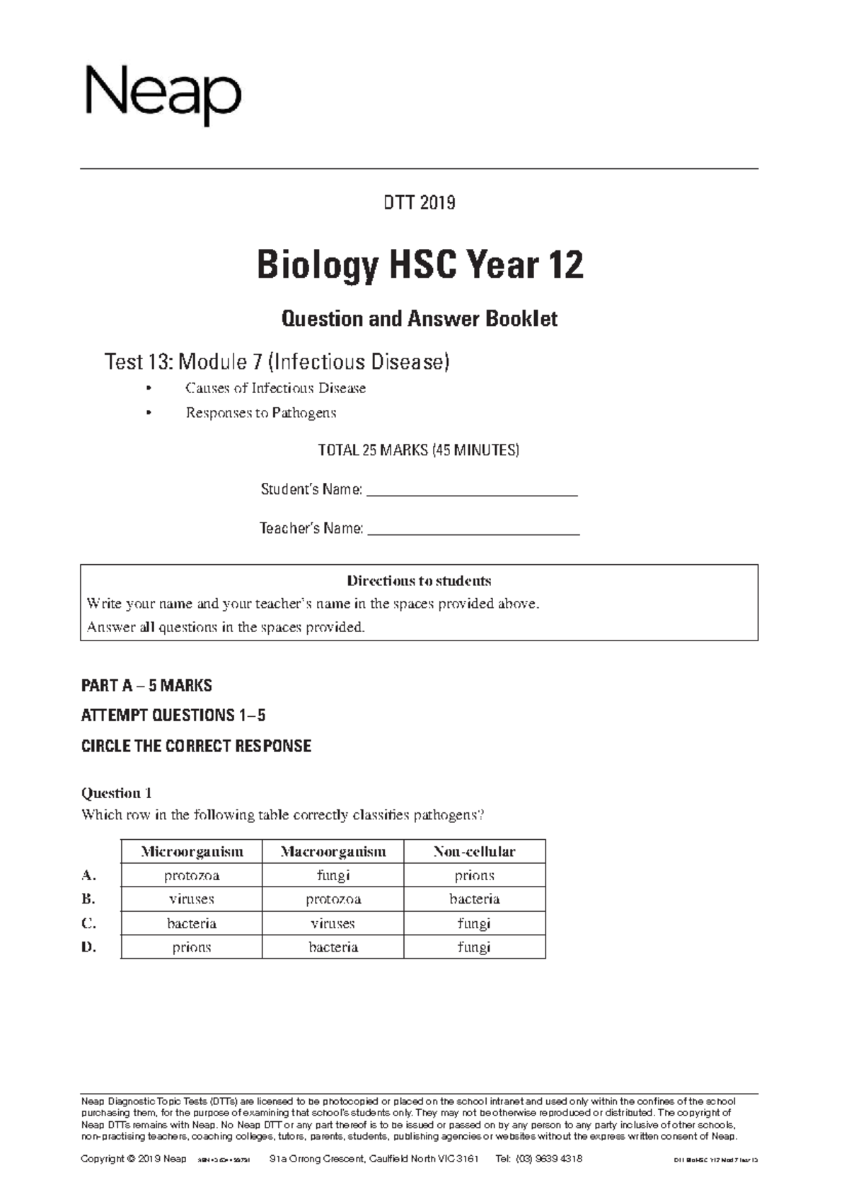 DTT 2019 Biology HSC Year 12 Test 13: Infectious Disease Q&A Booklet ...