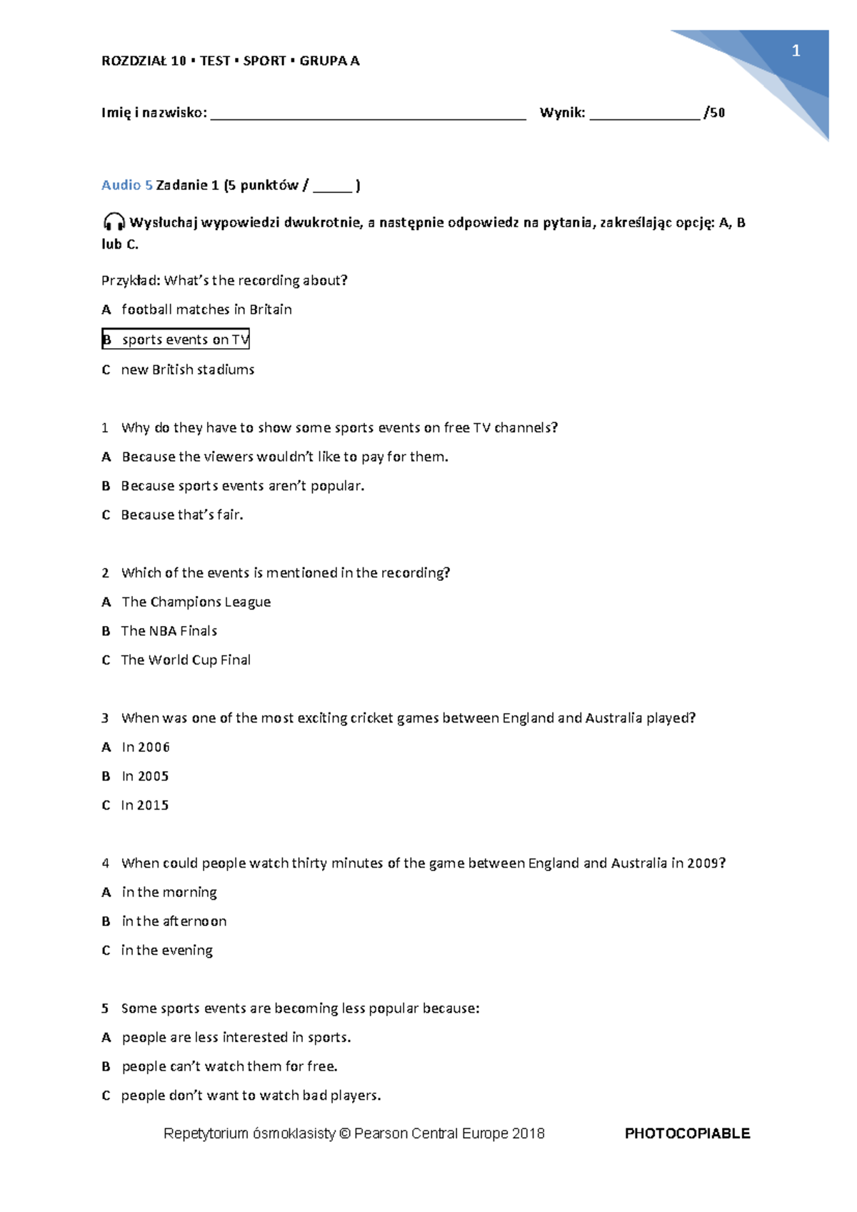 REP8 Unit 10 - Test: Sport Grupa A Evaluation and Questions - Studocu