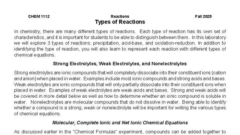 CHEM Types of Reactions Lab Report Fall 2025 - Studocu
