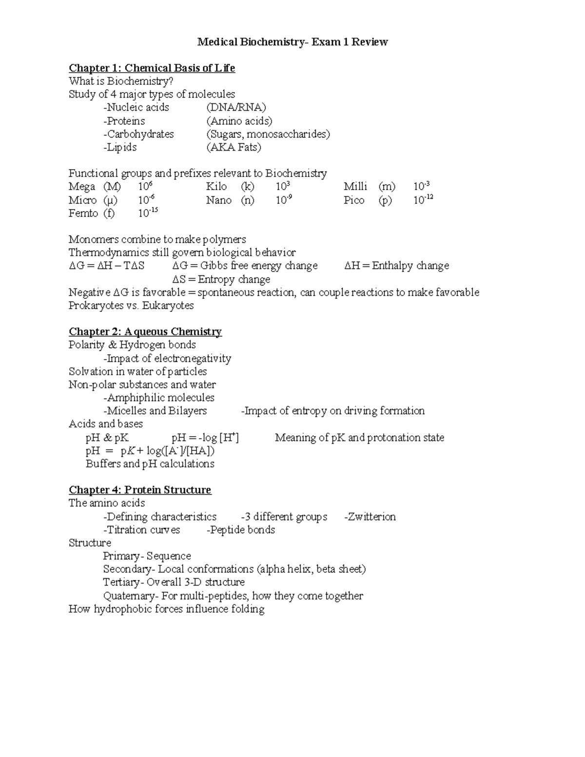Med Biochem Exam 1 Review - Medical Biochemistry- Exam 1 Review Chapter ...