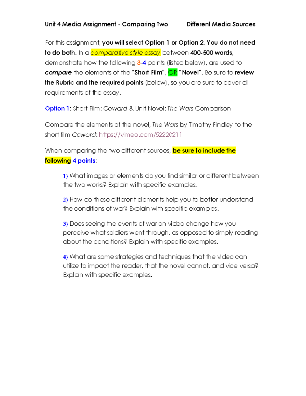 Unit 4 Media Assignment - For this assignment, you will select Option 1 ...