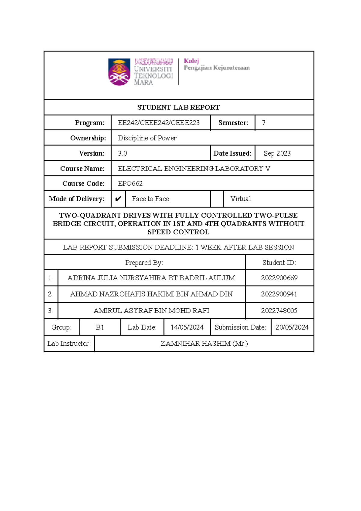 EPO662 Lab Report: Two-Quadrant Drives in 1st & 4th Quadrants Without ...