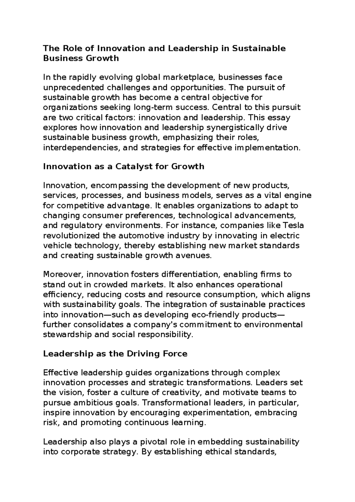 Innovation & Leadership: Keys to Sustainable Business Growth - Studocu