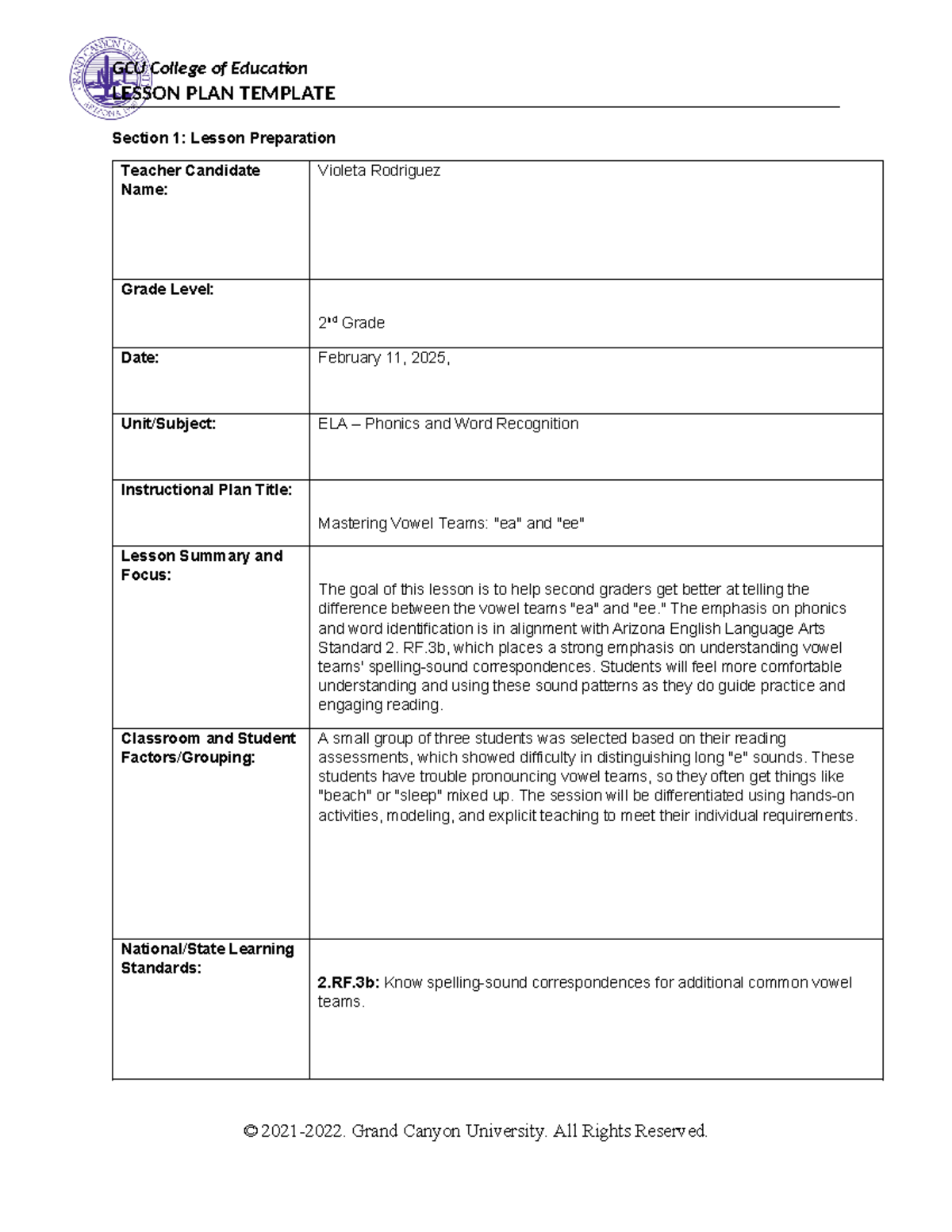ELM315 Clinical Field Experience D - LESSON PLAN TEMPLATE Section 1 ...