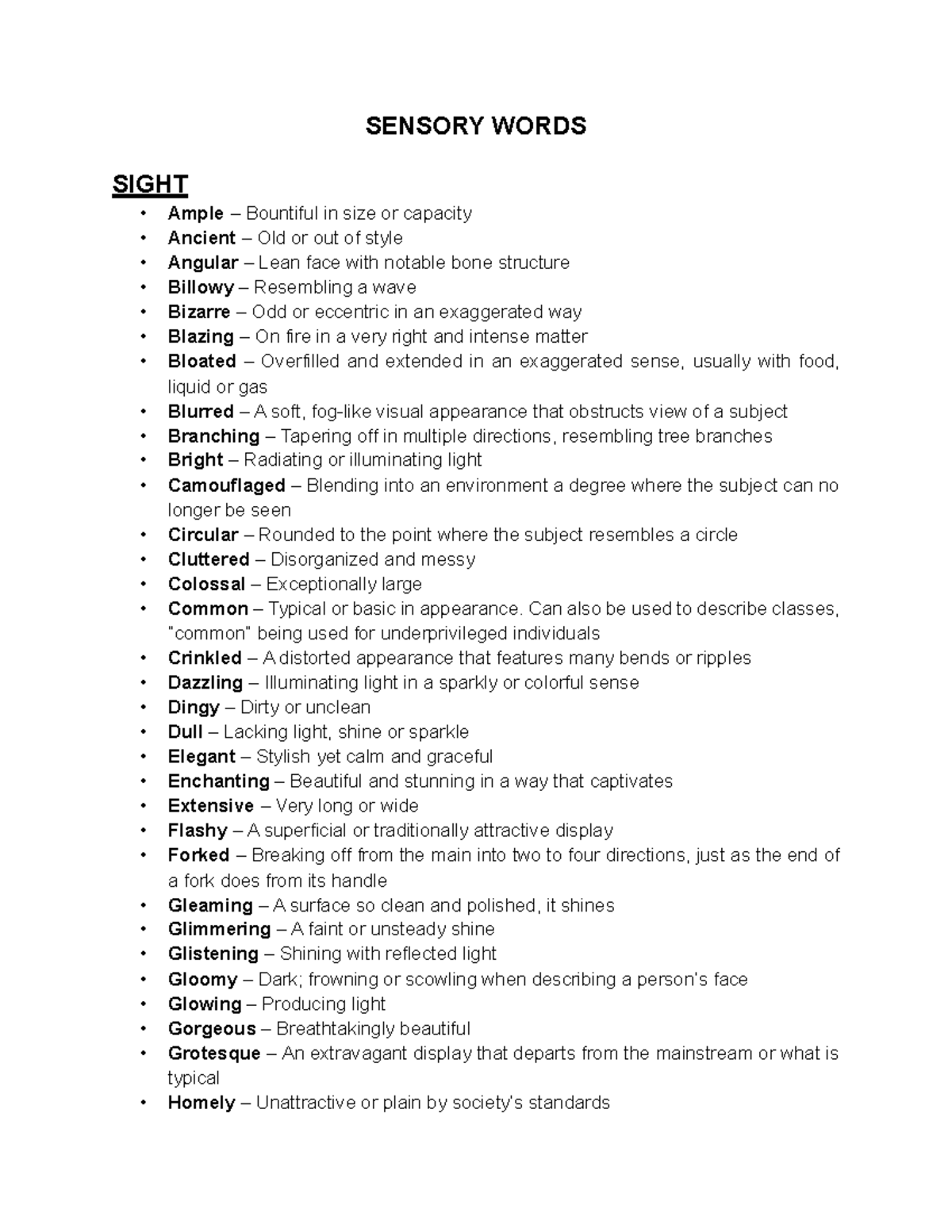 Sensory Words in Fiction: Key Descriptors for Literature Elements - Studocu