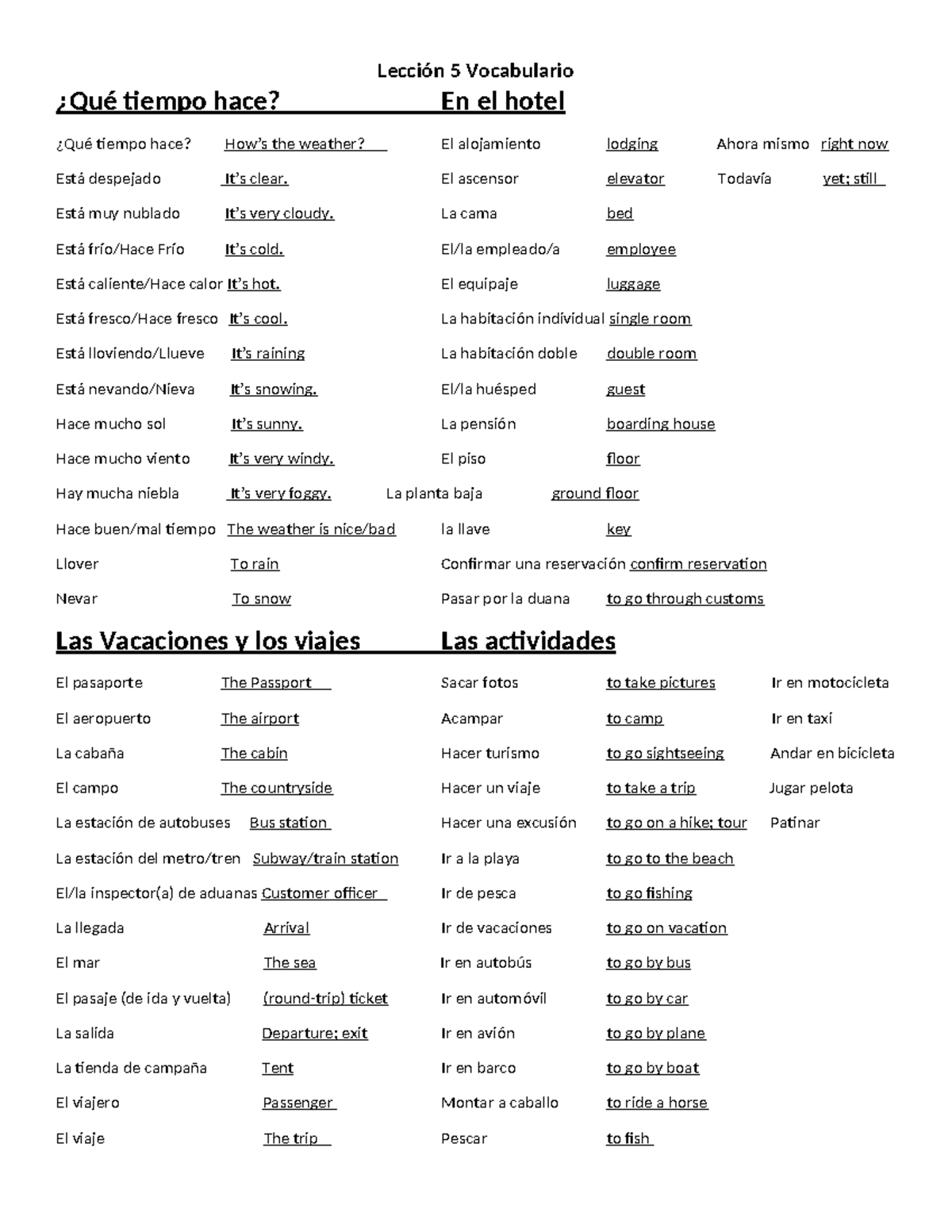 Lección 5: Vocabulario sobre el Tiempo y Viajes - Lección 5 Vocabulario ...