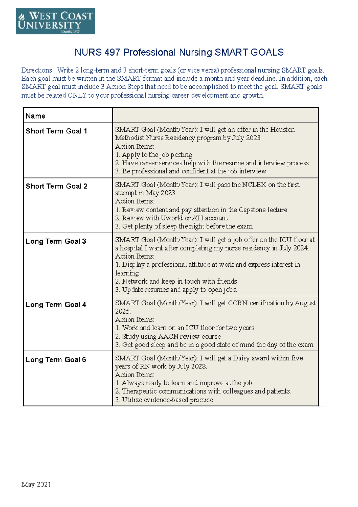Smart Goals worksheet - NURS 497 Professional Nursing SMART GOALS ...