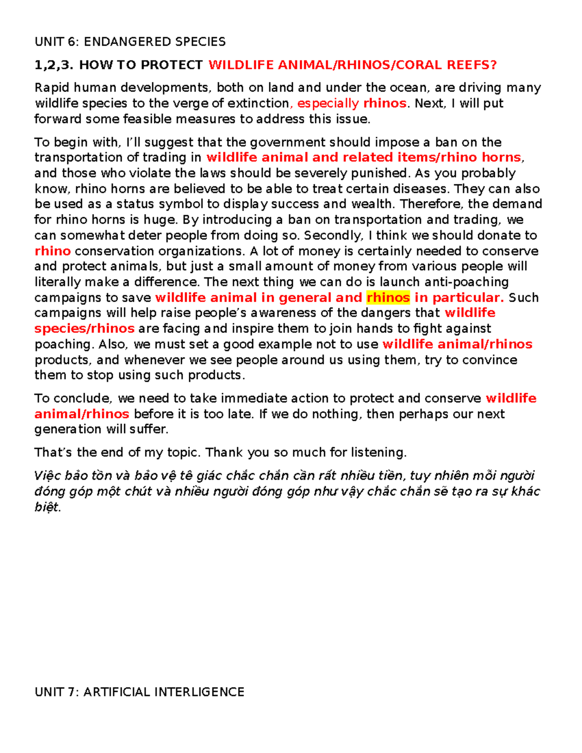 Speaking - UNIT 6: ENDANGERED SPECIES 1,2,3. HOW TO PROTECT WILDLIFE ...