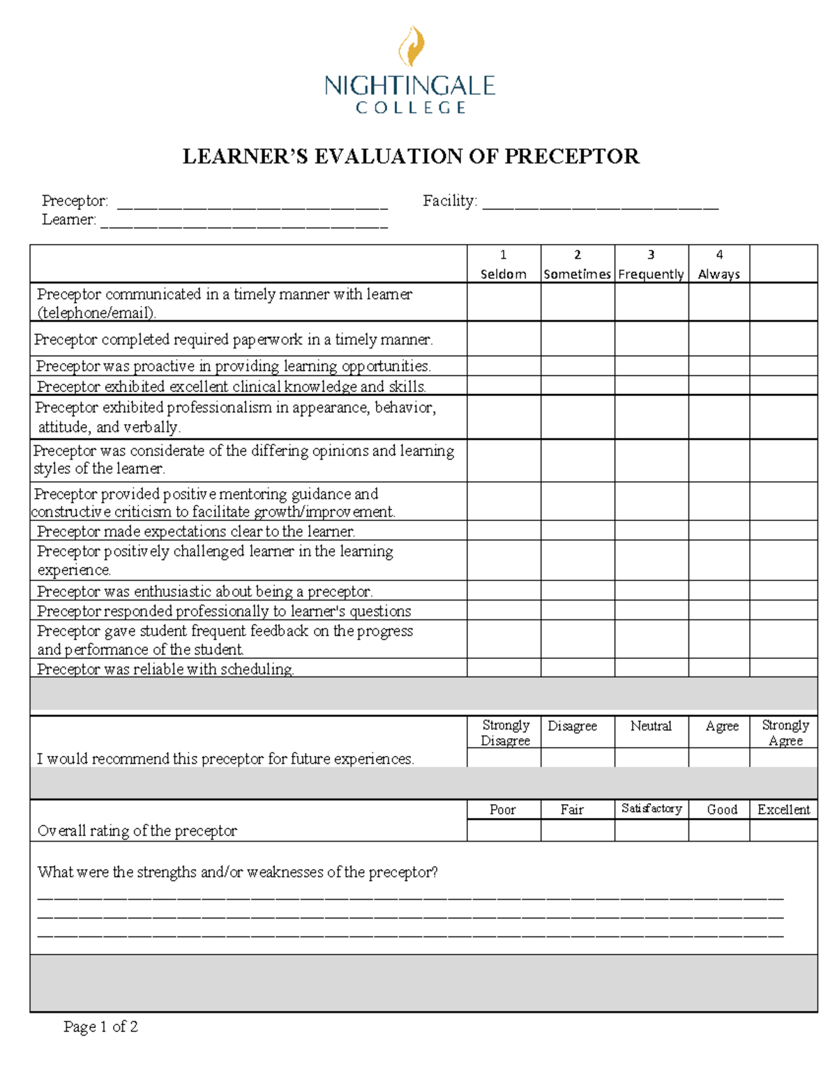 Learner Evaluation of Preceptor: Assessment & Feedback Form - Studocu