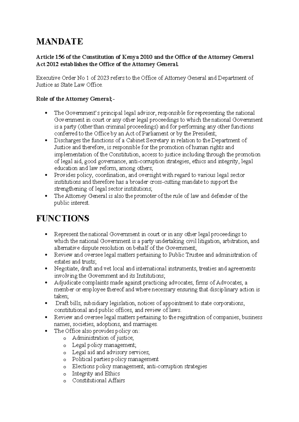 Attorney General Role - Key Functions and Mandate Notes - Studocu